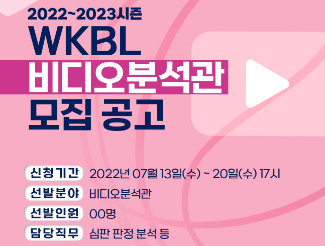 WKBL, 2022~2013시즌 비디오 분석관 모집...20일까지 접수